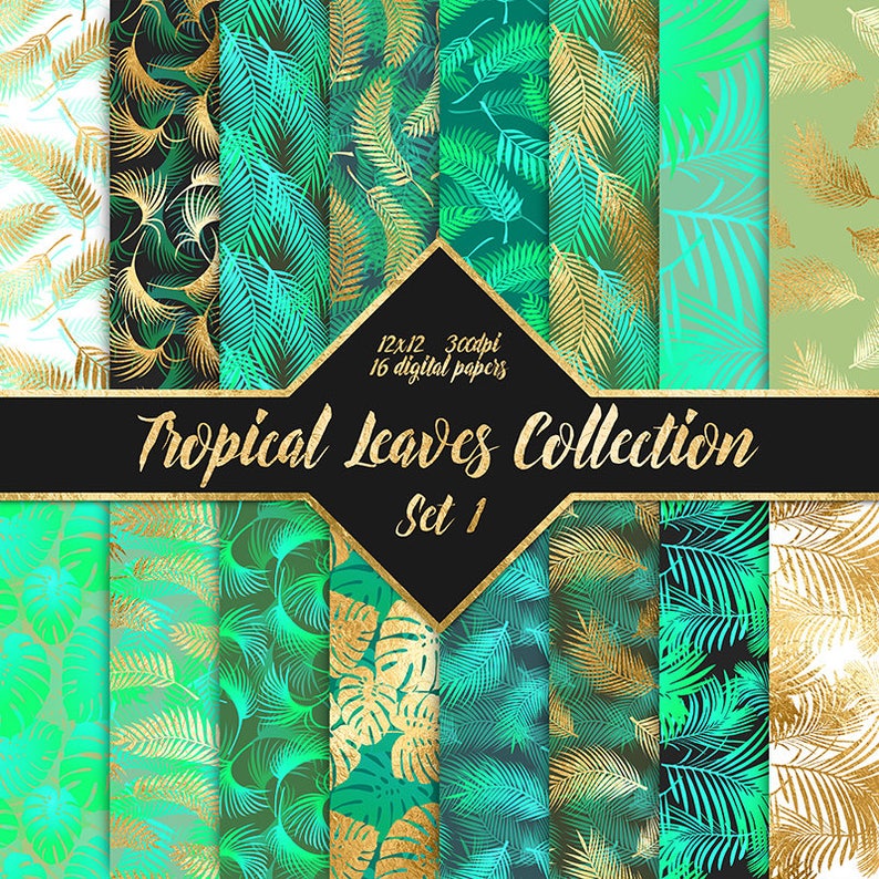 Tropical Leaf Digital Papers Tropical Leaves Gold Foil - Etsy