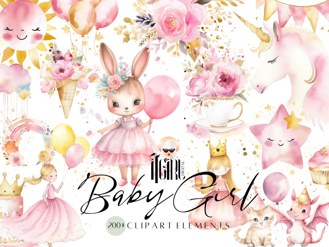 Baby Girl Nursery Watercolor Clipart, Princess Clipart, Bunny, Birthday ...