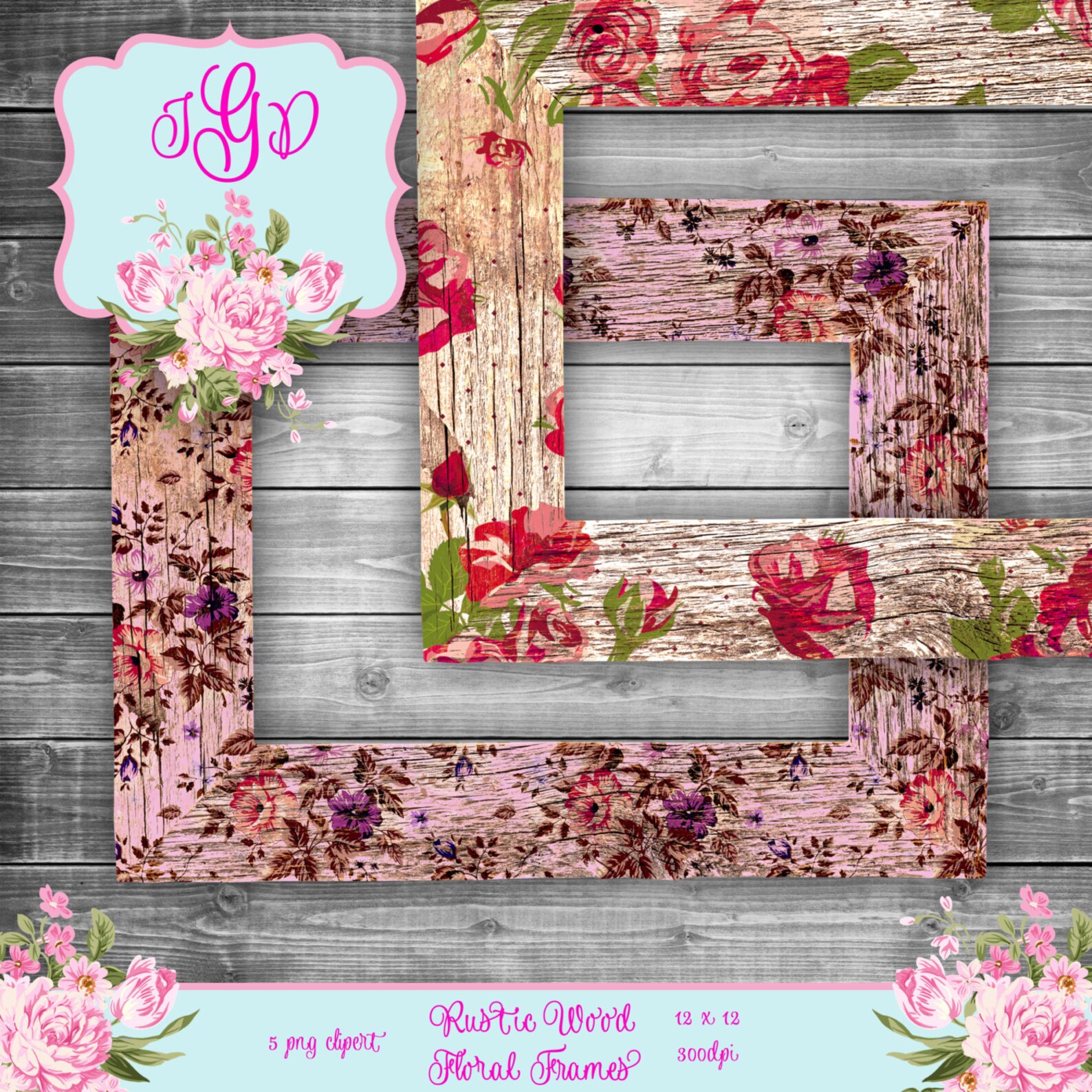 Vintage Shabby Flowers Rustic Wood Frames Digital Clipart | Etsy