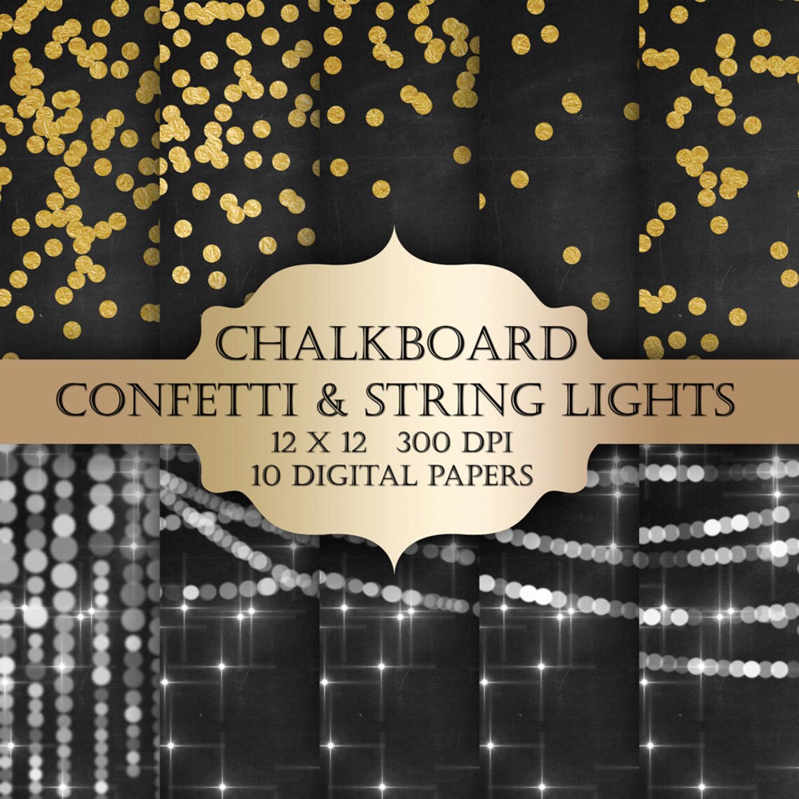 Chalkboard Gold Foil Confetti & Bokeh String Lights Digital | Etsy
