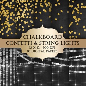 Chalkboard Gold Foil Confetti & Bokeh String Lights Digital Paper ...