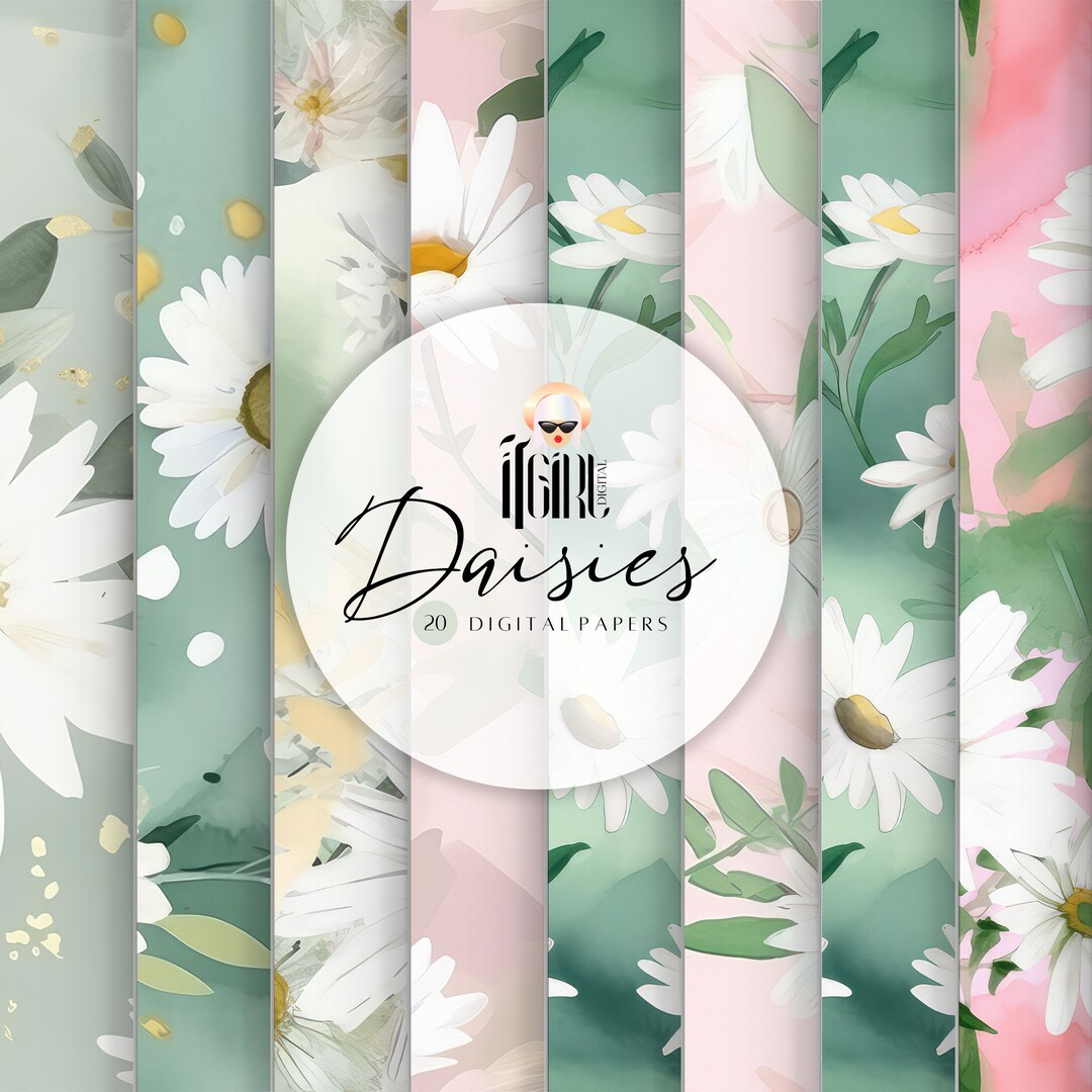 Watercolor Daisy Flowers Digital Papers - Blush Sage Green and Gold ...