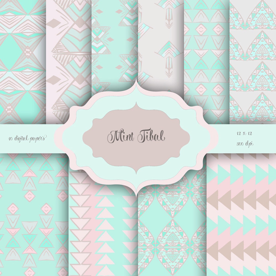 Mint TRIBAL Hand Drawn Digital Paper Pack - Ethnic Tribal Pastel ...