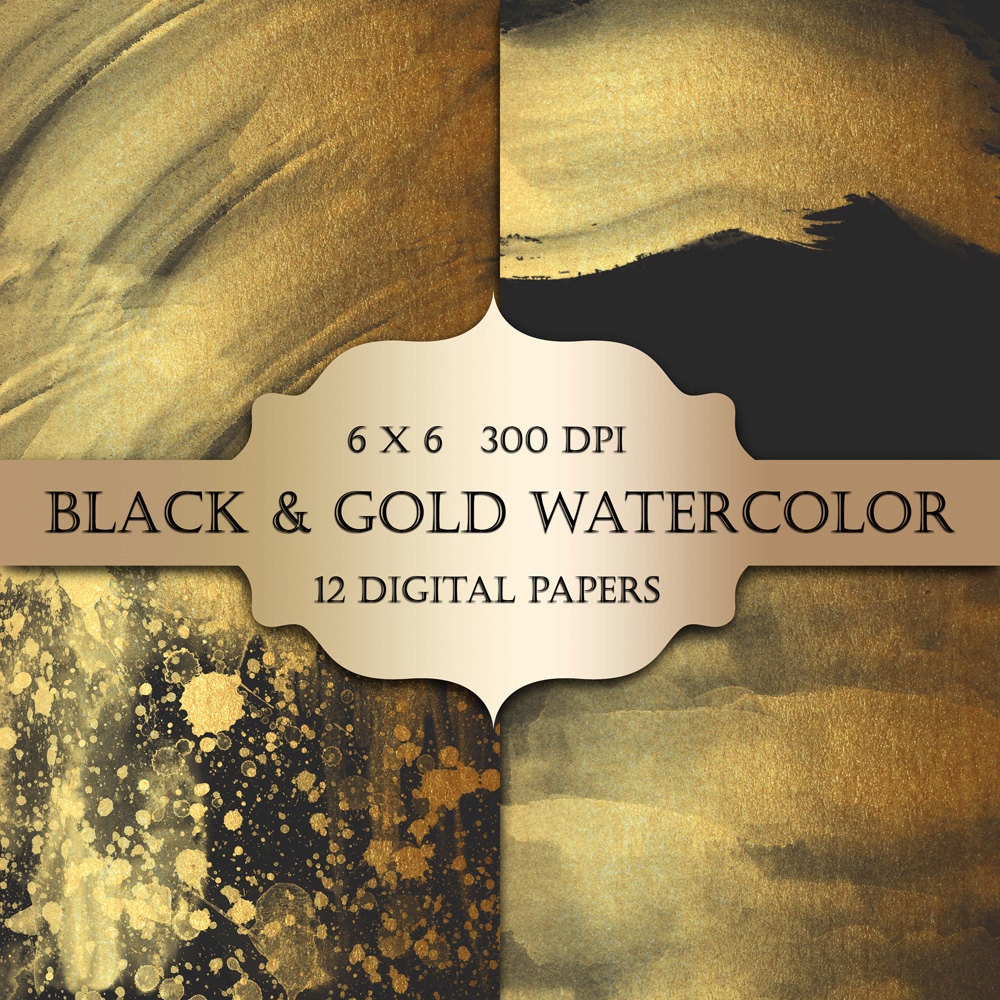 Gold Watercolor Digital Papers - Black & Gold Glitter Watercolor ...