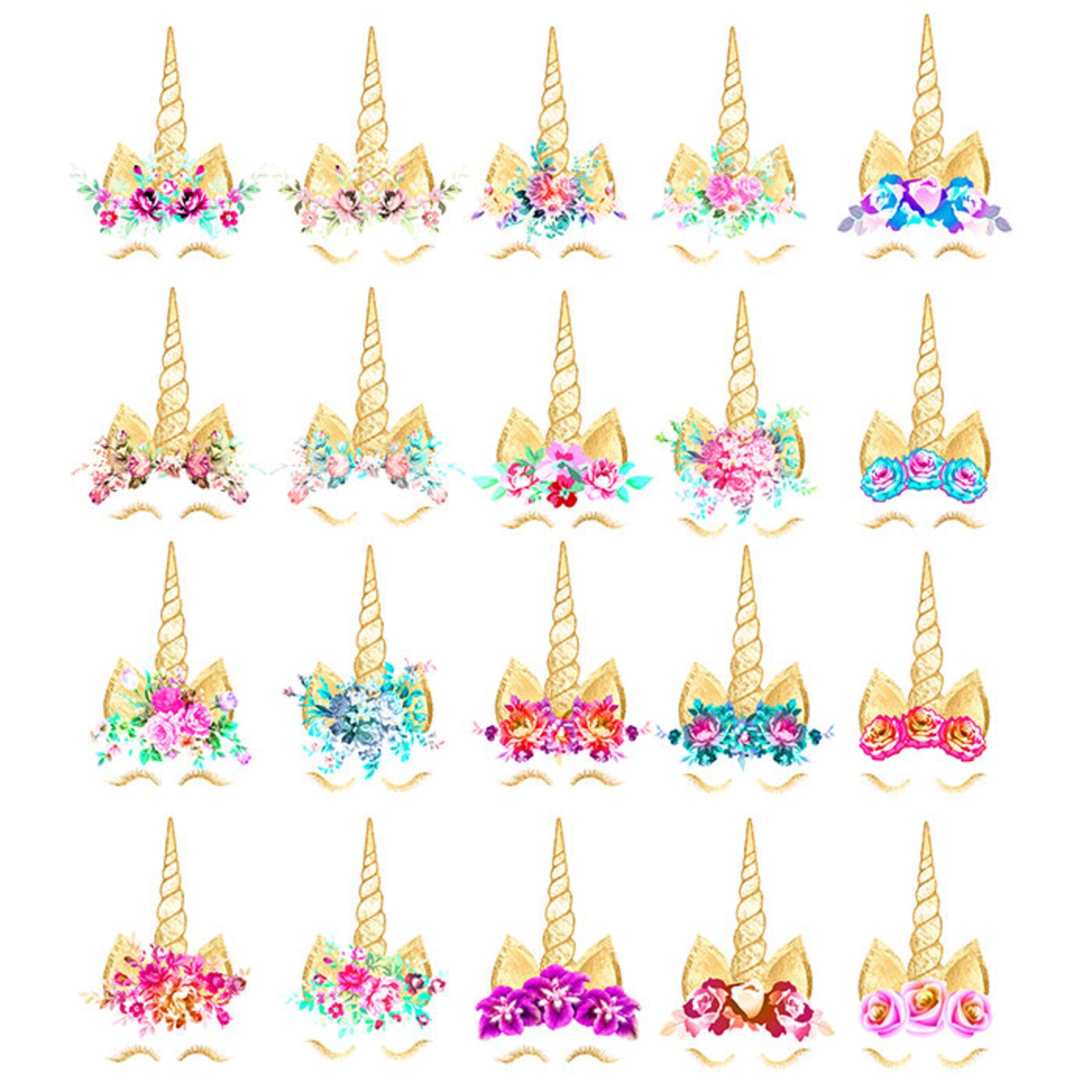 Unicorn Clipart Gold Foil Unicorn Face Rainbow Flowers Fairy - Etsy