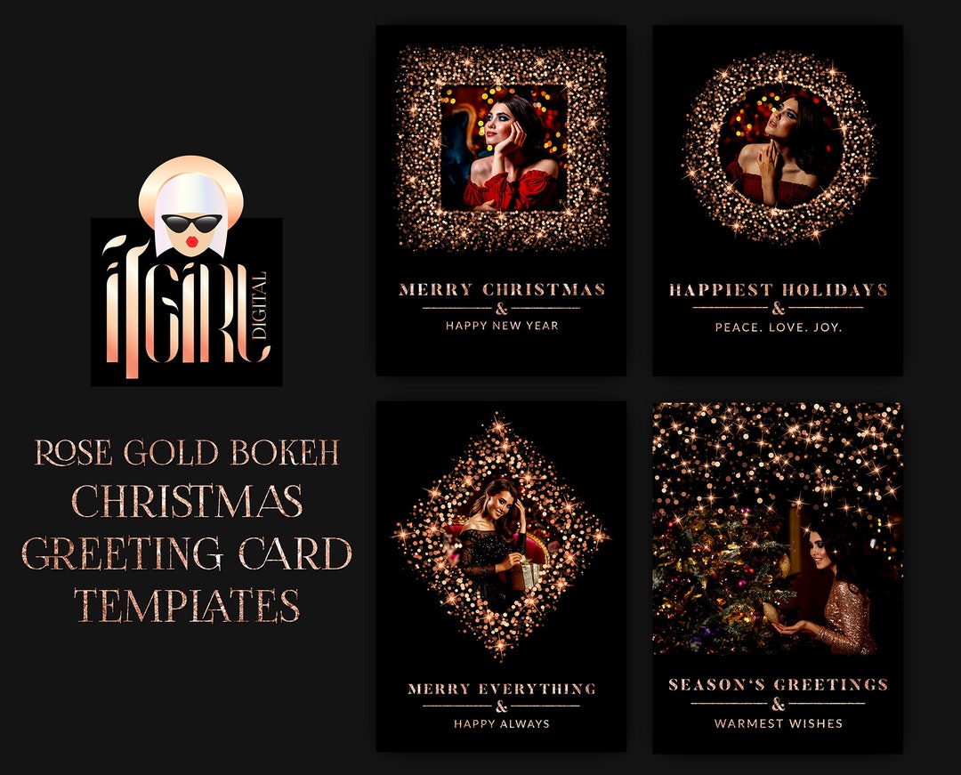 Rose Gold Bokeh Christmas Greeting Card Template Gold Foil Lettering ...