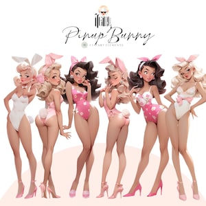 Pinup Bunny Girl Clipart, Valentines Girls, Pink Girls, Funny Valentines Clipart, Watercolor ...