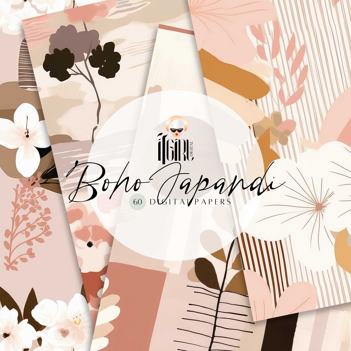 Boho Style Japandi Digital Paper Minimalist Mid Century Art Wabi Sabi ...