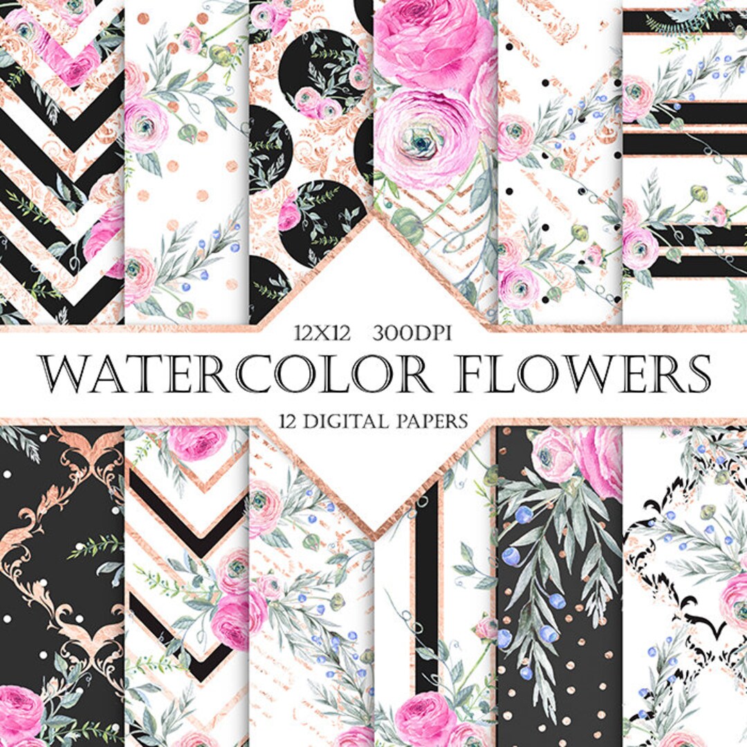 Watercolor Flowers Digital Paper - Shabby Chic Ranunculus Rose Gold ...
