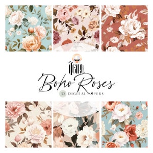 Boho Style Roses Digital Paper Minimalist Shabby Chic Floral Print ...