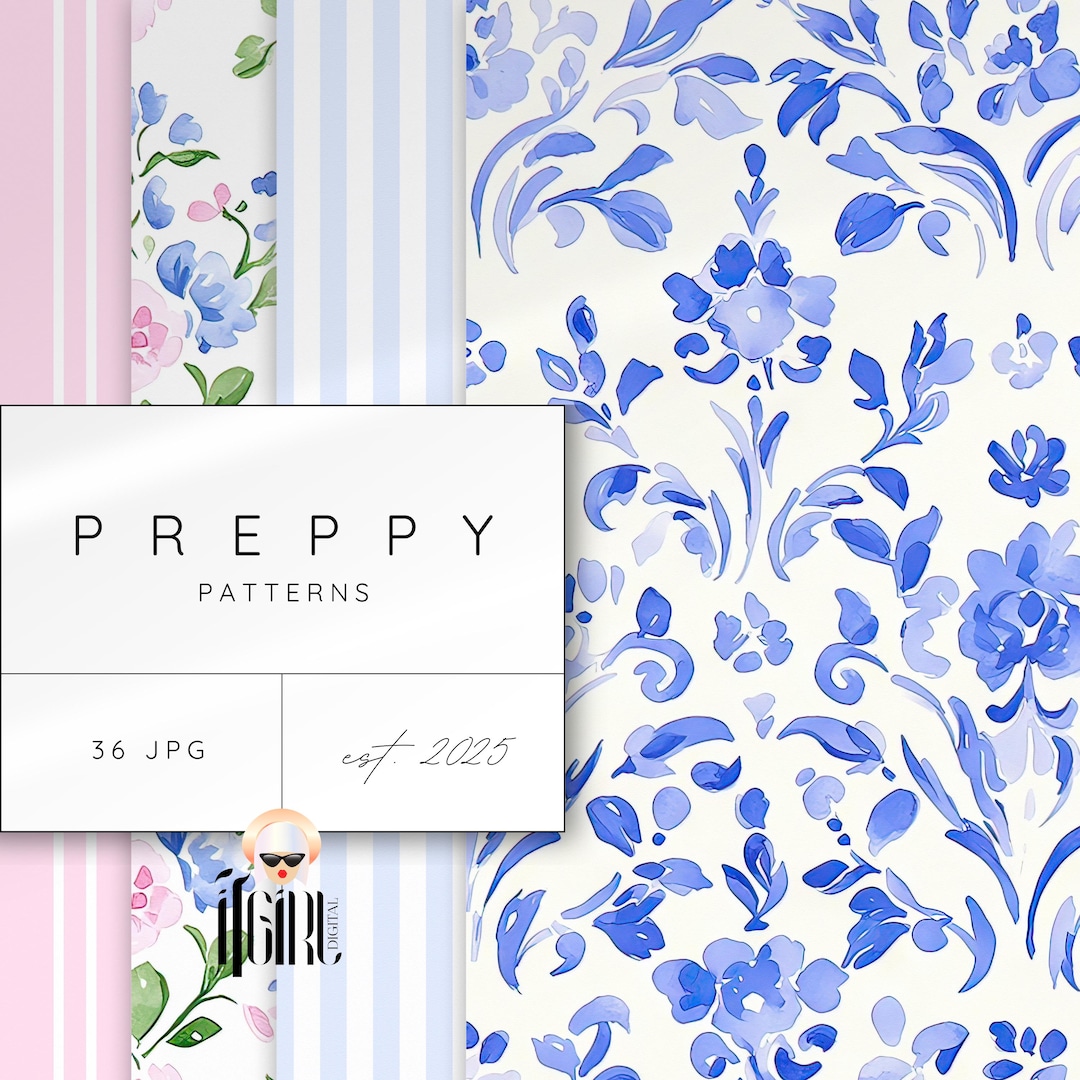 Grandmillenial Blue Preppy Seamless Digital Paper, Damask, Watercolor ...