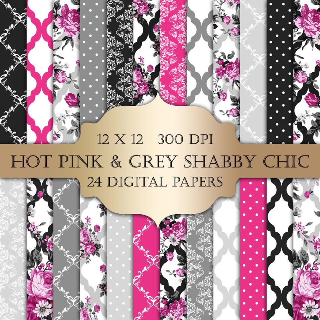 Pink Shabby Chic Digital Papers - Hot Pink & Grey Quatrefoil Polka Dot ...