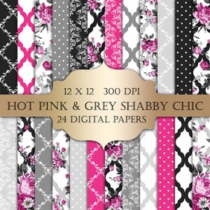 Pink Shabby Chic Digital Papers - Hot Pink & Grey Quatrefoil Polka Dot ...