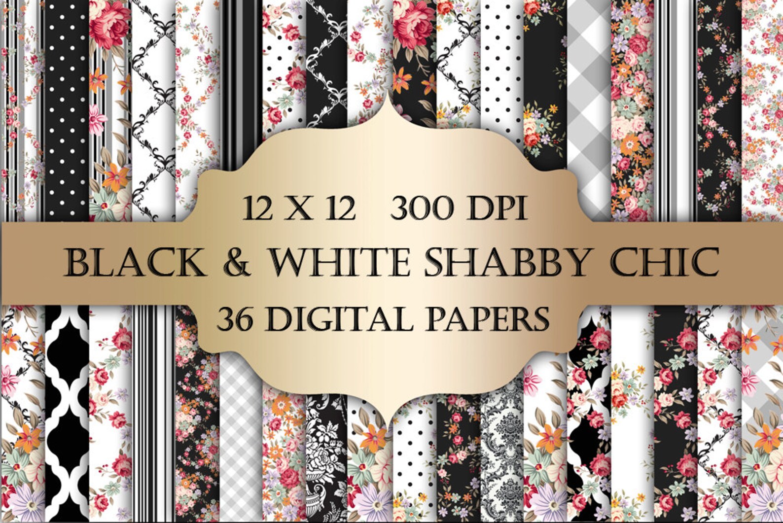 Shabby Chic Digital Papers Black & White Polka Dot Stripes - Etsy