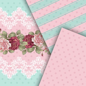 Shabby Chic Floral Digital Paper Pack: Pink & Mint Damask (digital ...
