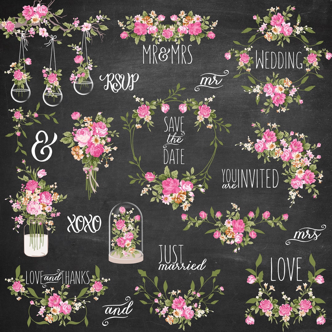 Shabby Chic Wedding Clipart: Floral Wreaths, Frames (digital Download ...