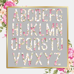 Floral Shabby Chic Alphabet Clipart: Gold Foil Roses Letters (digital ...