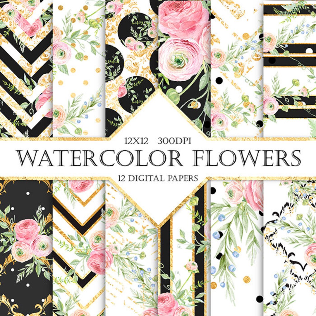 Watercolor Floral Digital Paper: Gold Foil Roses (digital Download) - Etsy