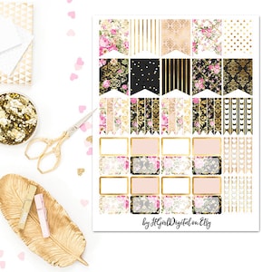 Gold Foil Planner Stickers - Printable Gold Shabby Chic Flowers Black ...