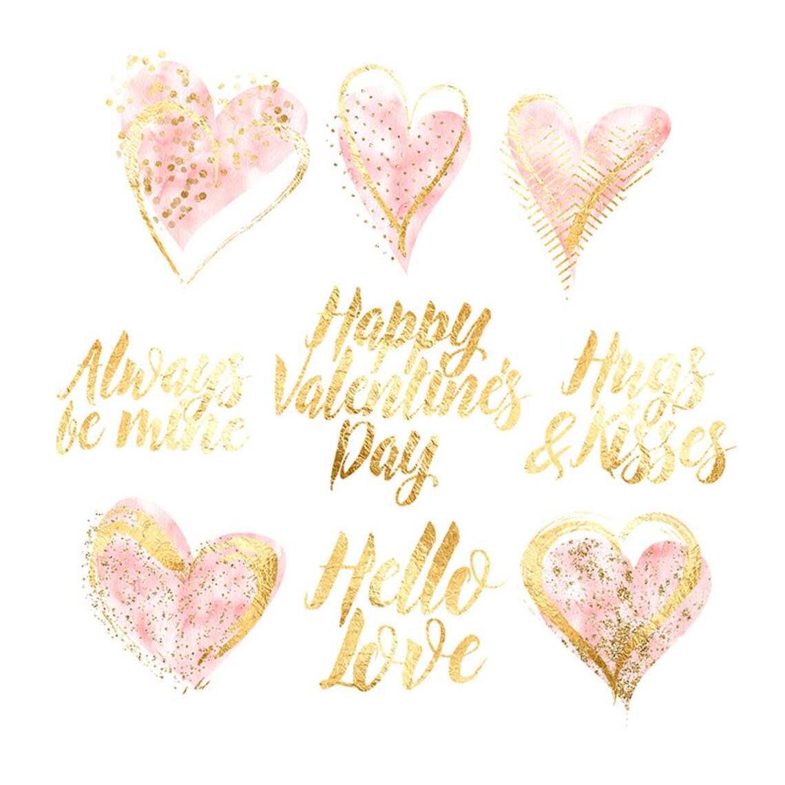 Blush Watercolor Gold Foil Hearts Clipart Valentines Clipart | Etsy