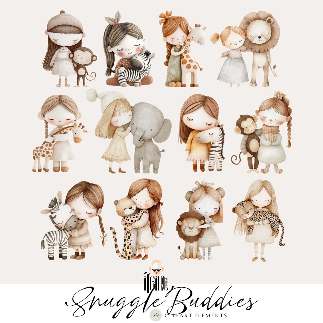 Snuggle Buddies Clipart, Watercolor Cute Nursery, Baby Animals, Friends ...
