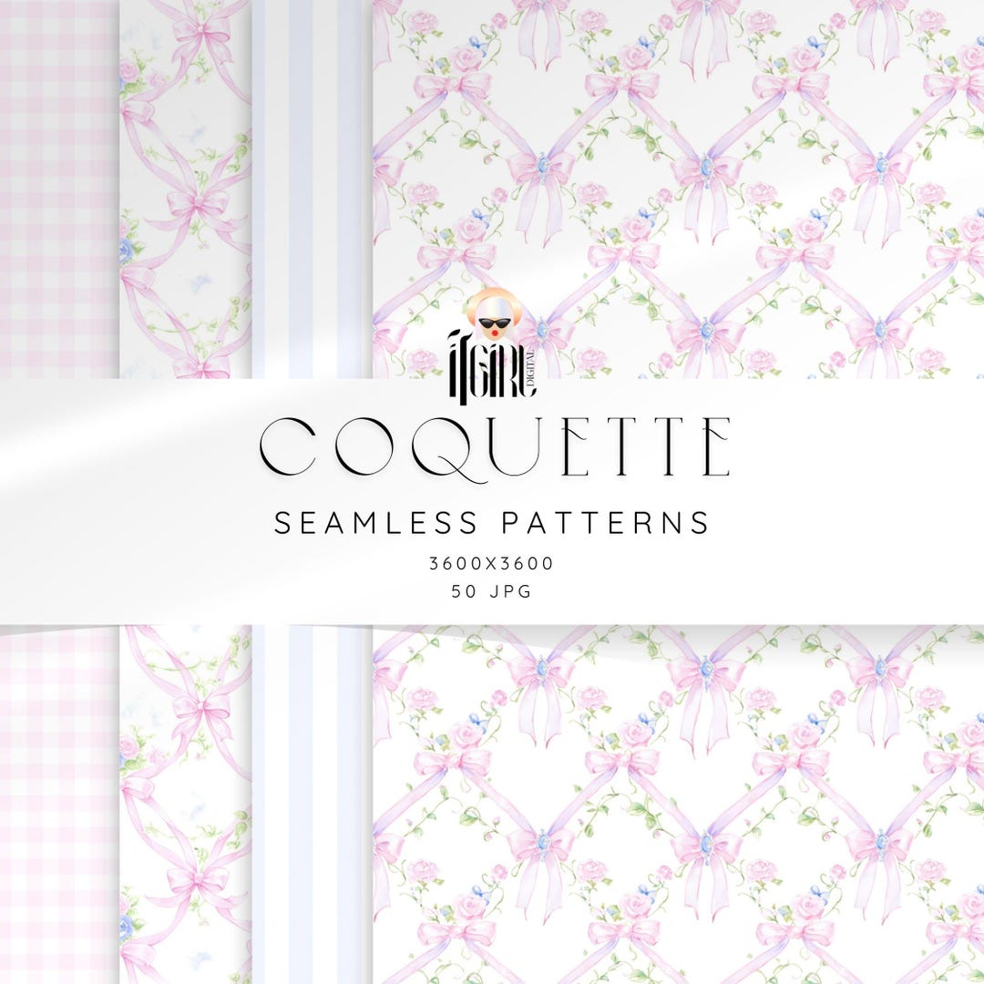 50 Coquette Grandmillennial Dainty Floral Seamless Patterns: Ribbon Bow ...