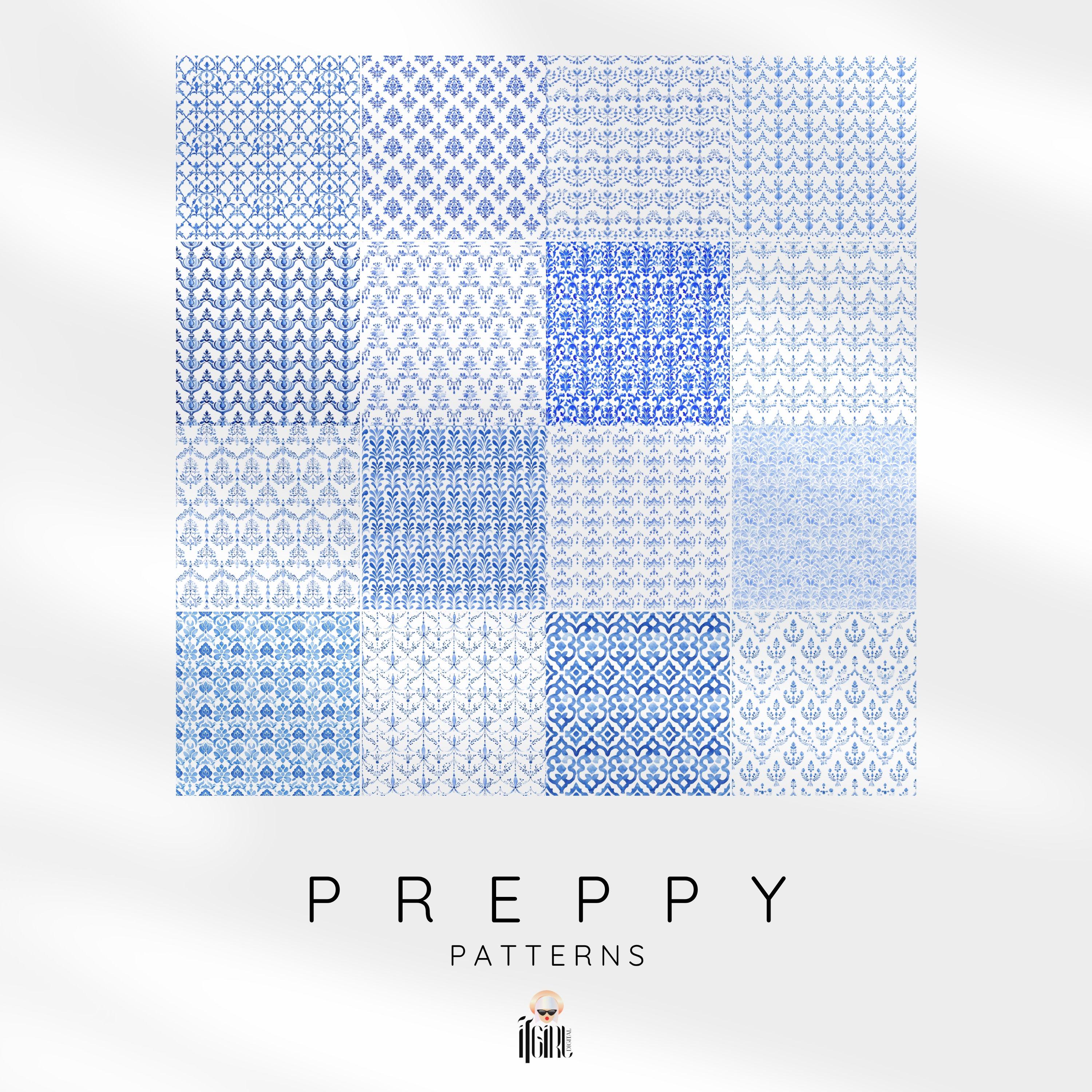 Grandmillenial Blue Preppy Seamless Digital Paper, Damask, Watercolor ...