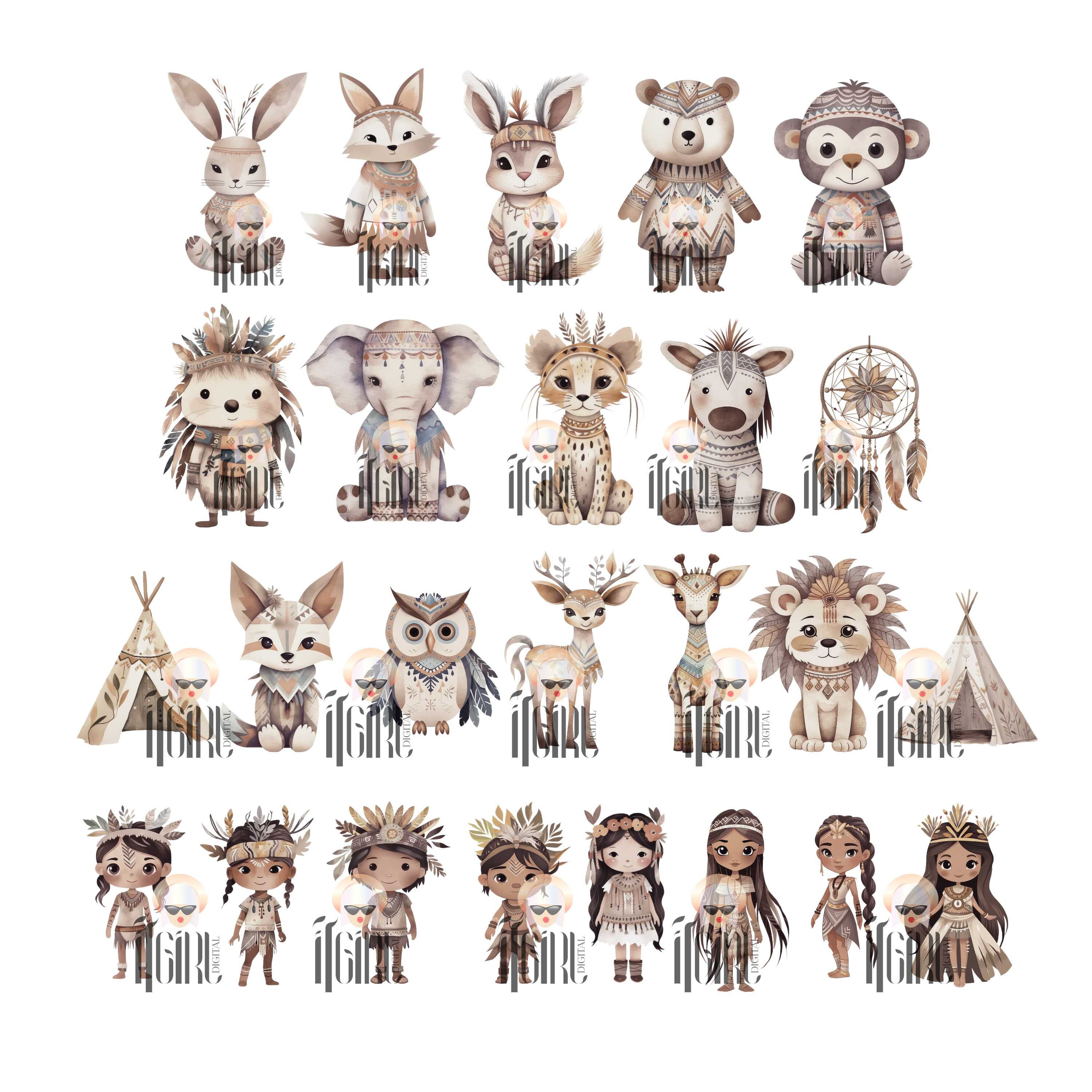 Boho Watercolor Animals Clipart: Native Nursery Art (digital Download ...