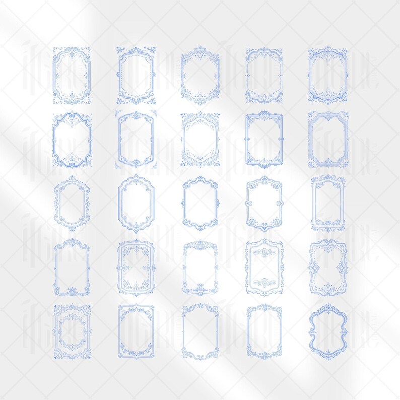 Hand Drawn Blue Ornate Frames Clipart: Delicate Line Art Wedding ...