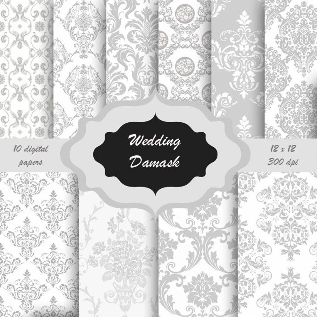 Grey Wedding Damask Floral Pattern Digital Paper Pack - Flower Damask ...