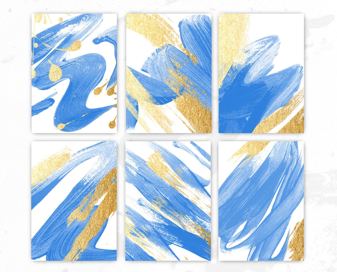 Blue & Gold Brush Strokes Watercolor Textures Gold Digital | Etsy