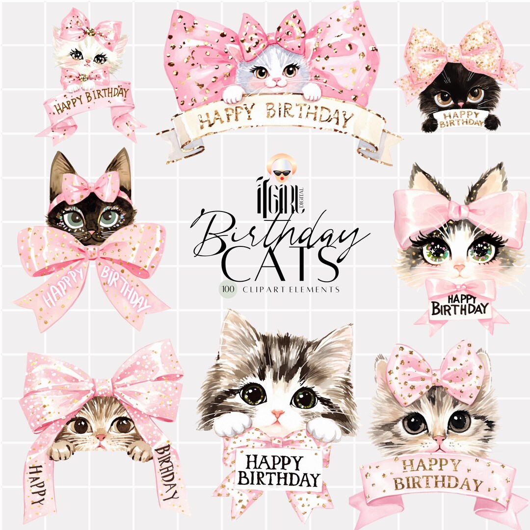 Watercolor Birthday Cat Clipart, Cute Cat Clipart, Birthday Clipart ...