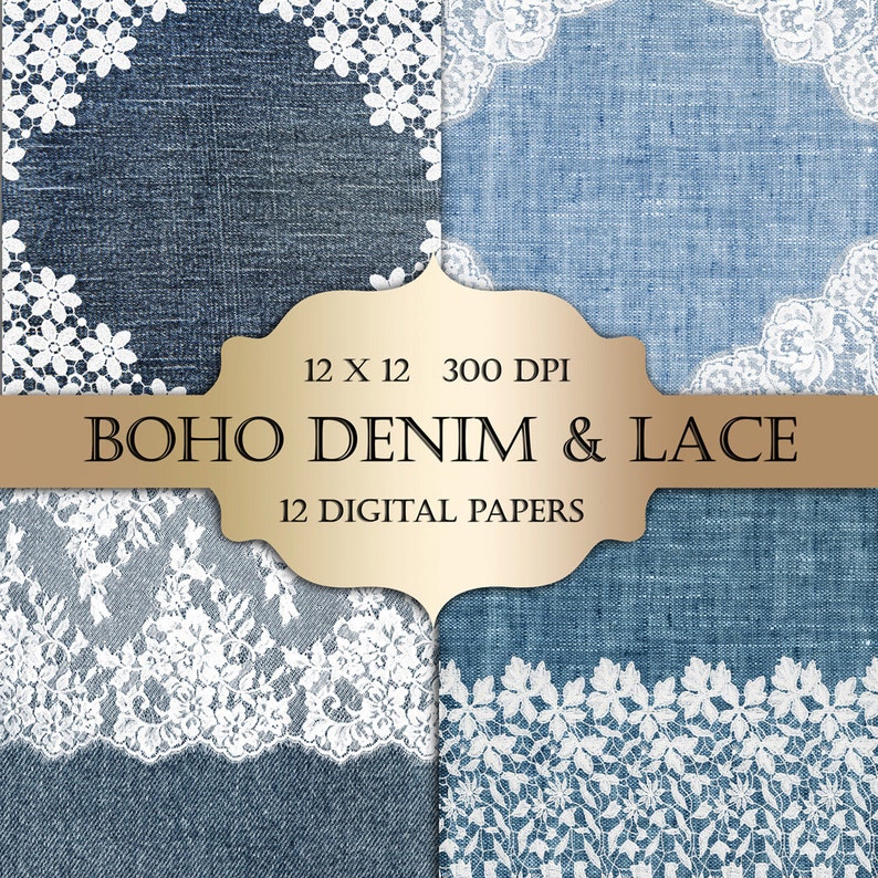 Denim & LACE Digital Paper Pack Vintage lace denim textures | Etsy