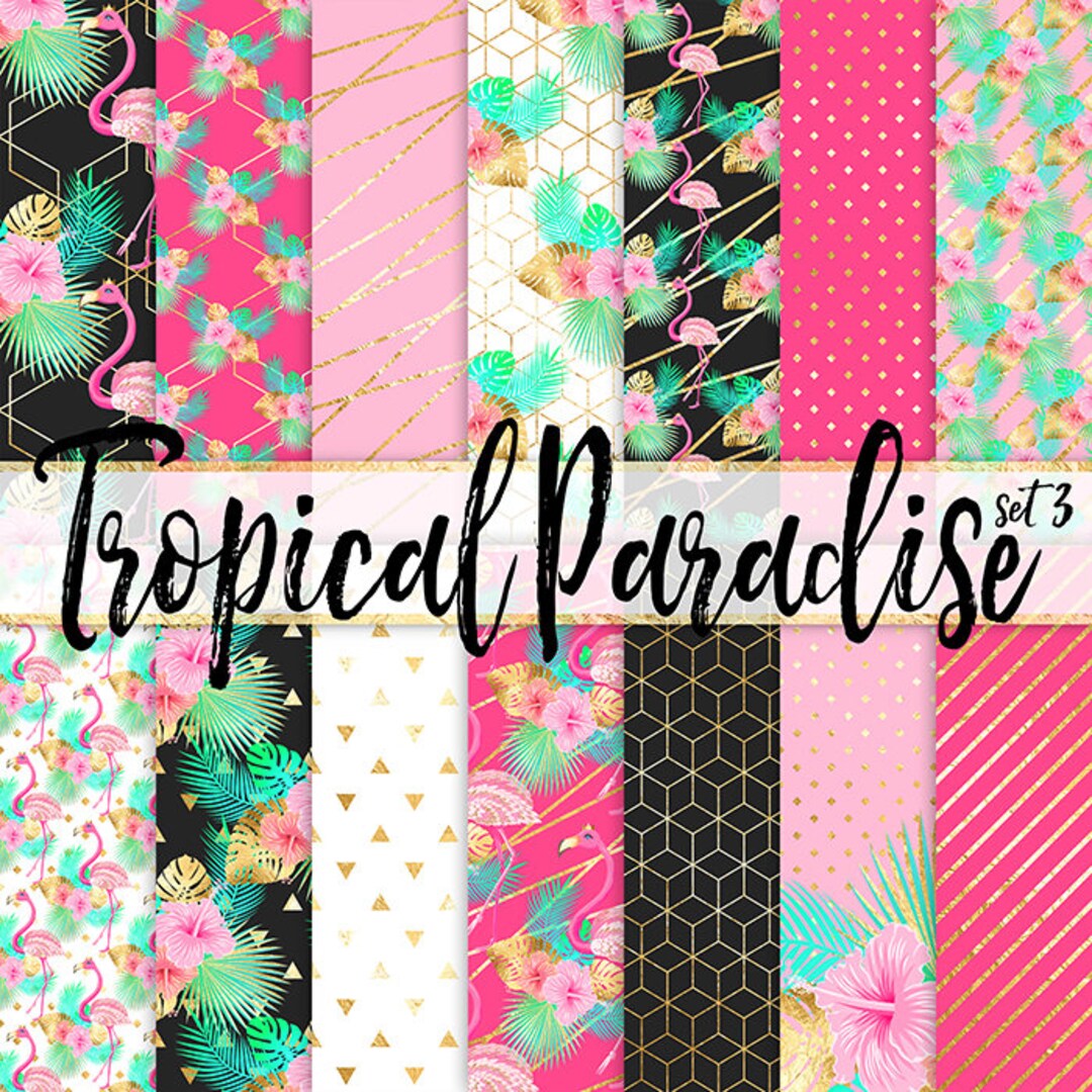 Tropical Flamingo Digital Paper: Gold Foil Floral Backgrounds (digital ...