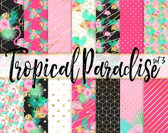 Tropical Flowers Digital Paper Summer Backgrounds Flamingo | Etsy