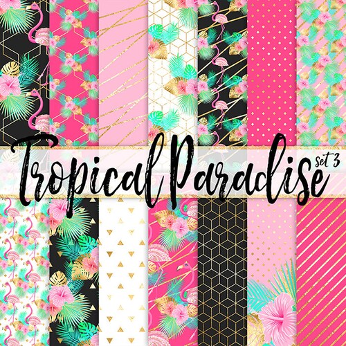 Tropical Flowers Digital Paper Summer Backgrounds Flamingo - Etsy