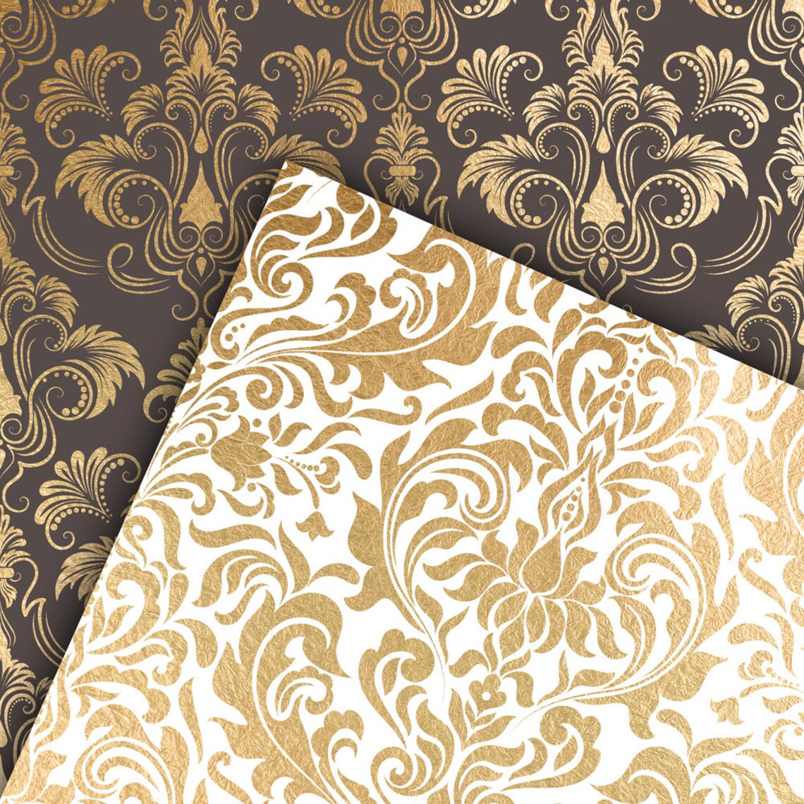Gold Foil Damask Digital Paper Pack: Floral Scrapbook Backgrounds ...
