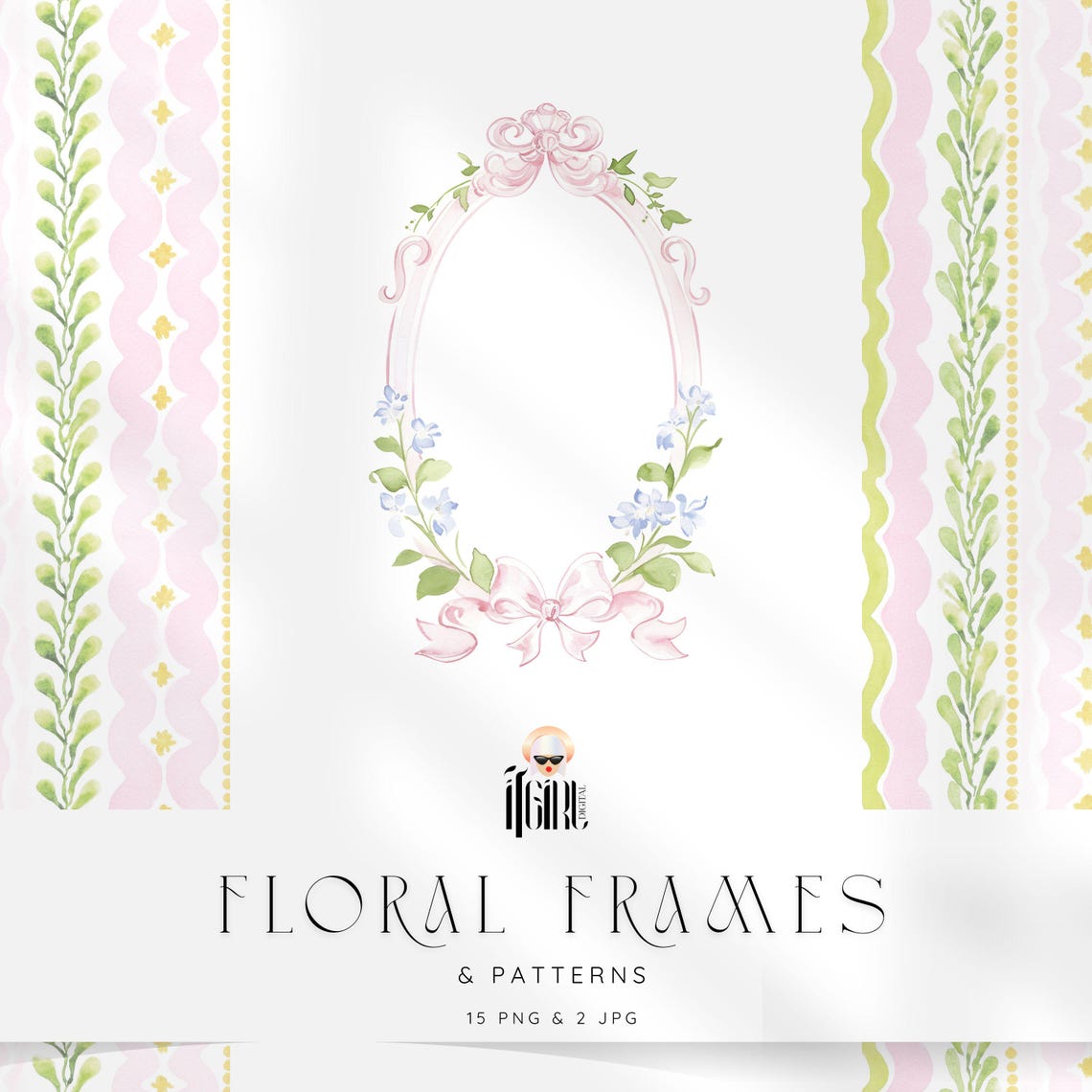 15 Grandmillennial Floral Frames PNG Clipart: Preppy Blue and Pink ...