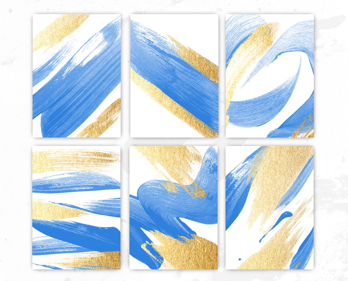 Blue & Gold Brush Strokes Watercolor Textures Gold Digital | Etsy