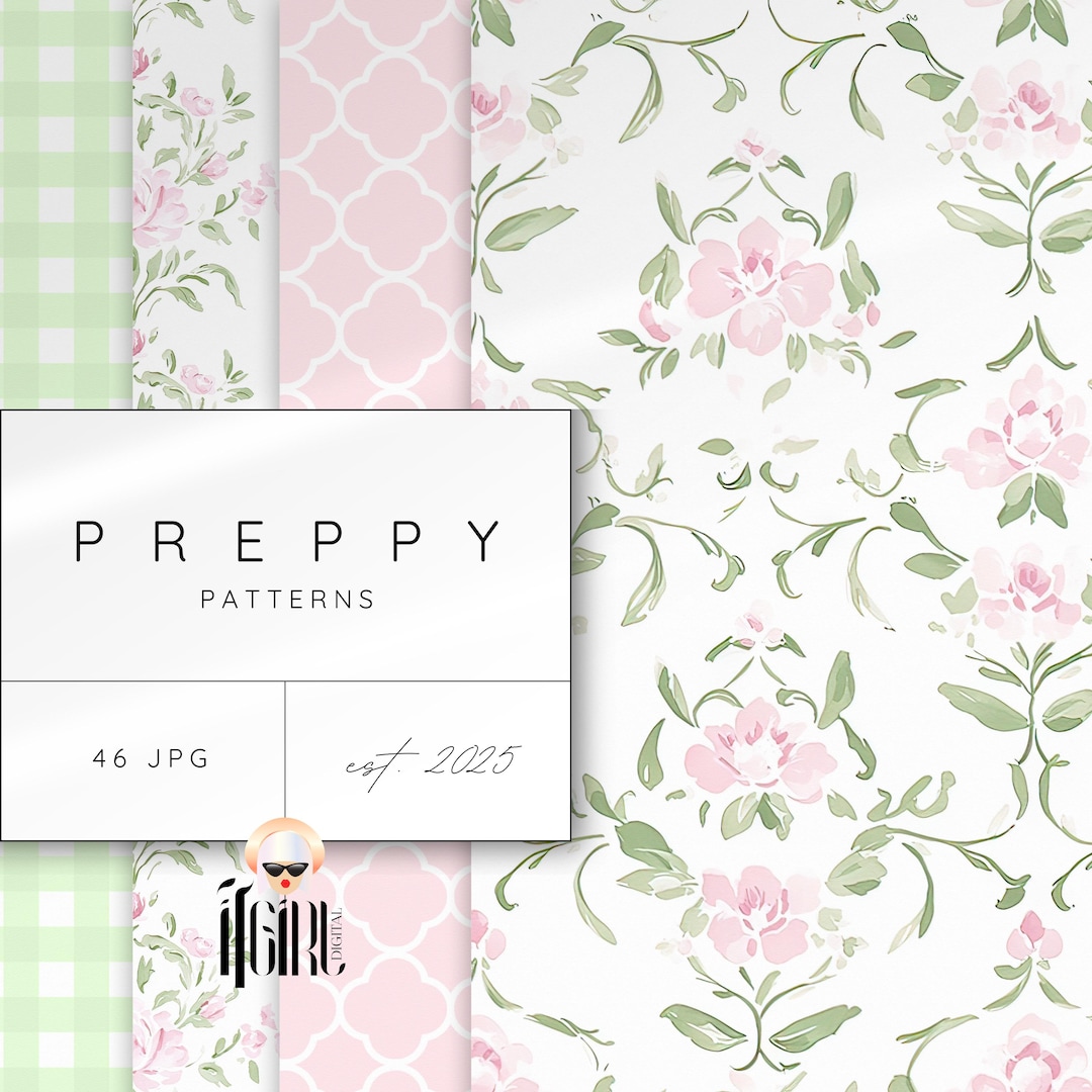 Grandmillenial Preppy Seamless Digital Paper, Cottagecore Watercolor ...