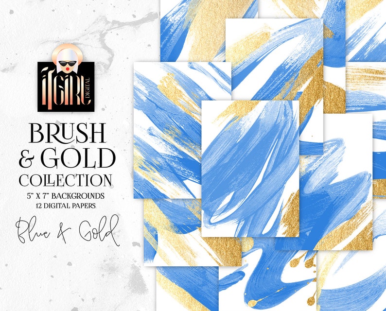 Blue & Gold Brush Strokes Watercolor Textures Gold Digital - Etsy