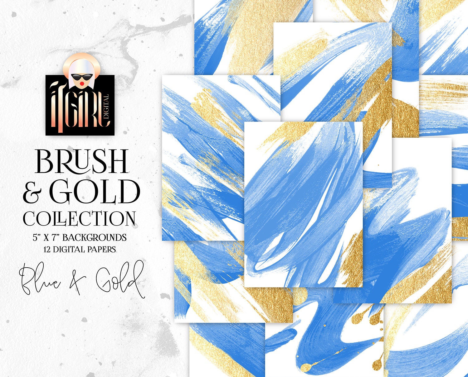 Blue & Gold Brush Strokes Watercolor Textures Gold Digital | Etsy