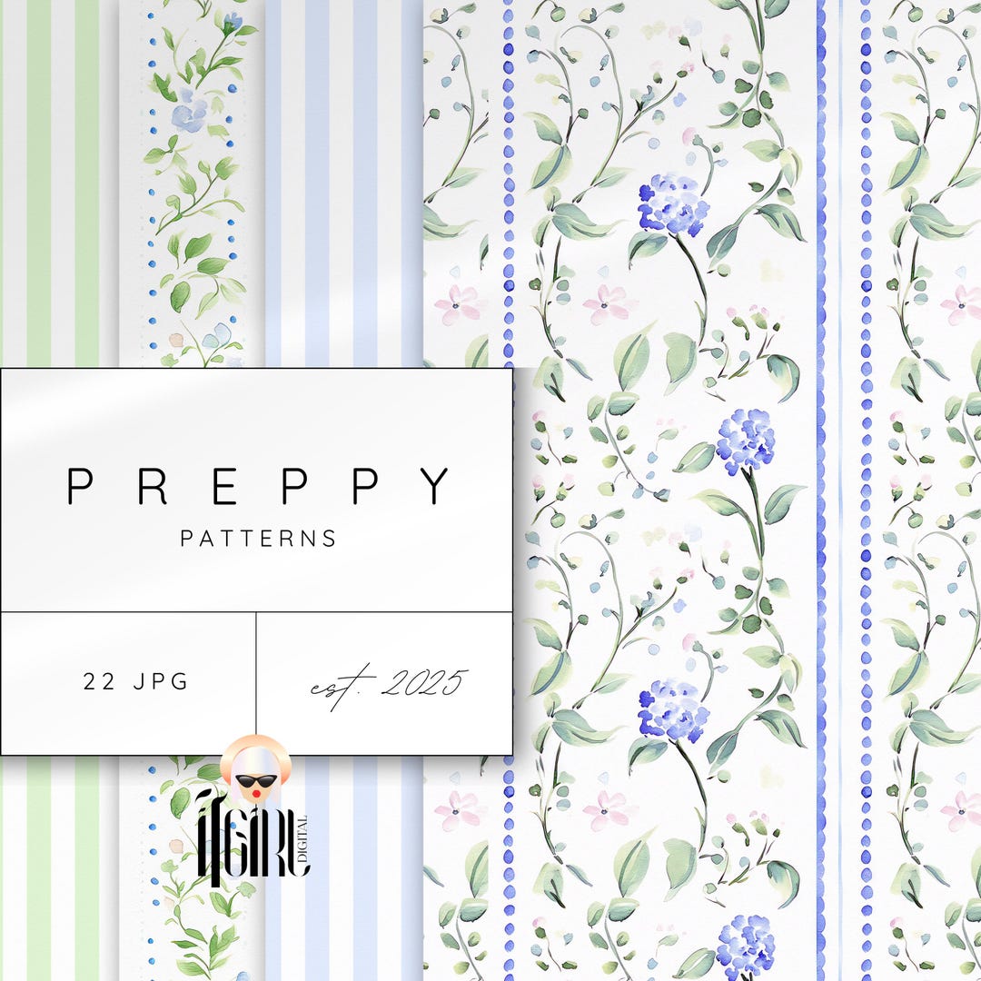Grandmillenial Patterns, Preppy Seamless Digital Paper, Floral Stripes ...