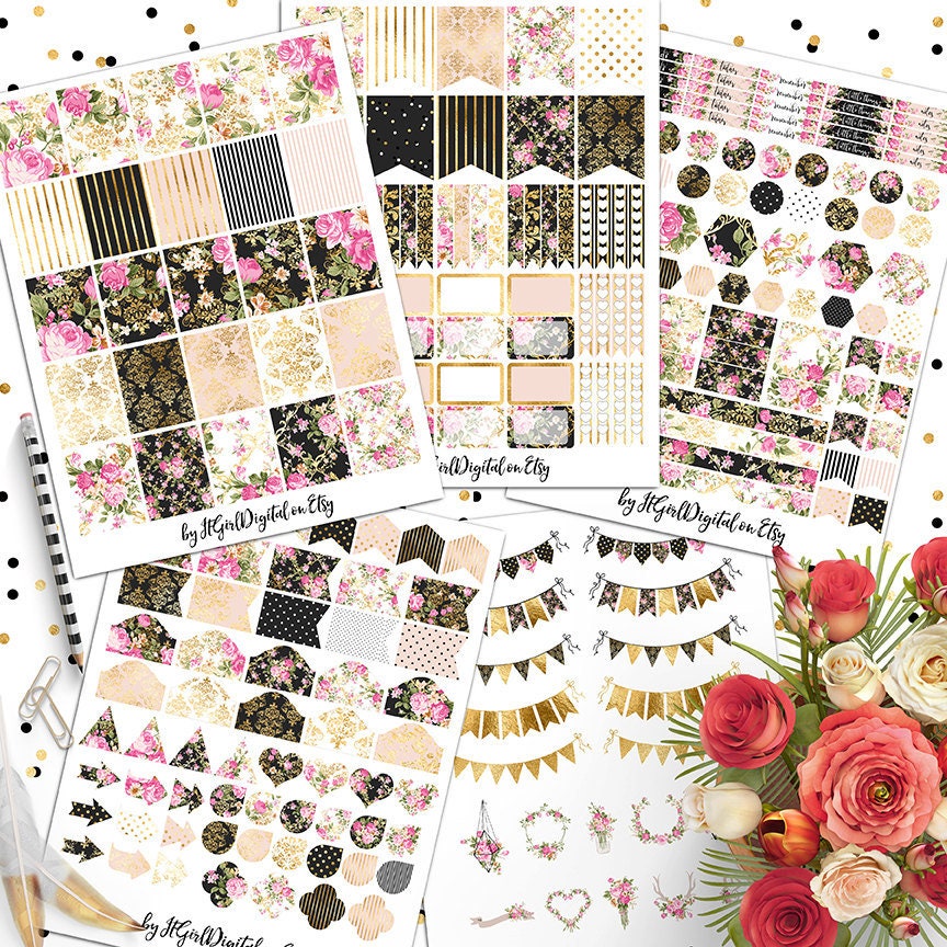 Gold Foil Planner Stickers Printable Gold Shabby Chic | Etsy