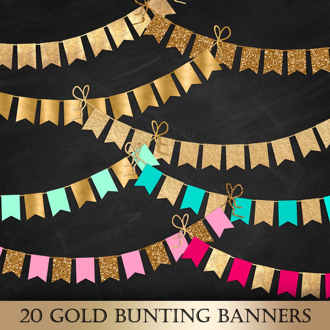 Gold Glitter Bunting Banner Clip Art: Scrapbook Planner Stickers ...