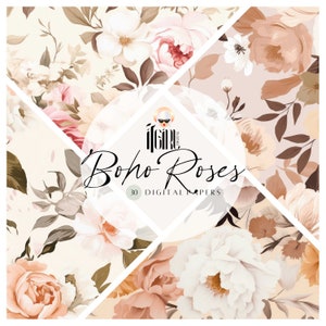 Boho Style Roses Digital Paper Minimalist Shabby Chic Floral Print ...