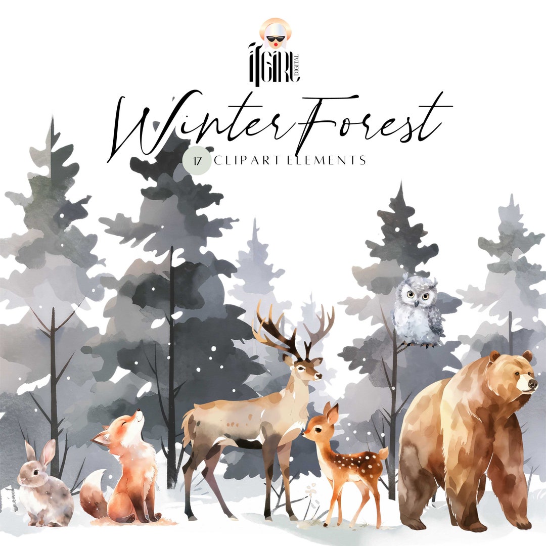 Watercolor Winter Forest Animals Clipart, Winter Clipart, Watercolor ...
