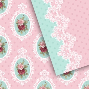 Shabby Chic Floral Digital Paper Pack: Pink & Mint Damask (digital ...