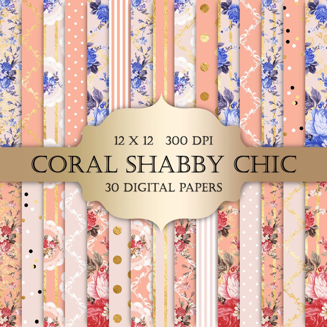 Coral Shabby Chic Digital Papers - Coral and Cream Polka Dot Stripes ...