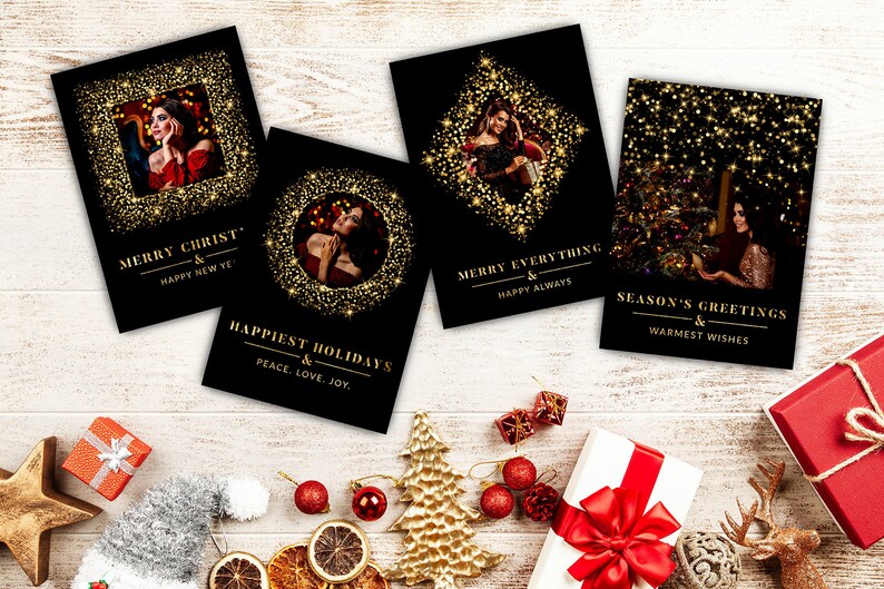 Gold Bokeh Christmas Greeting Card Template Gold Foil Lettering Gold ...